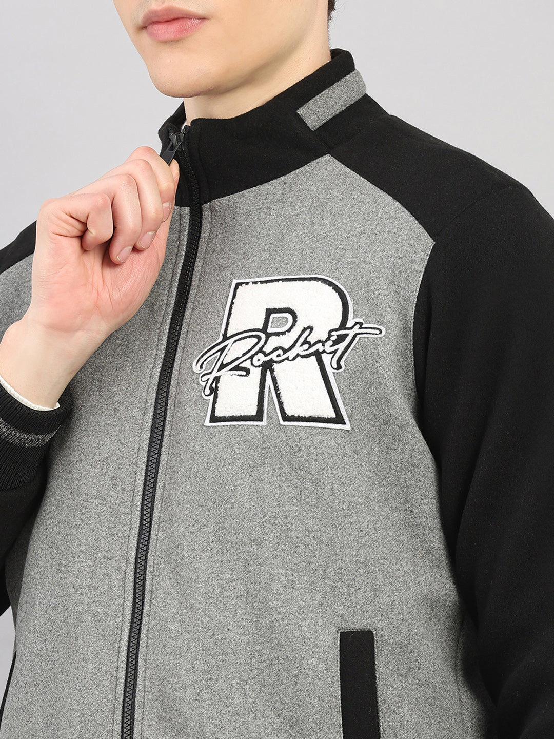 Buy Men Grey Melange Solid Stand Collar Full Sleeve Jacket Online in ...